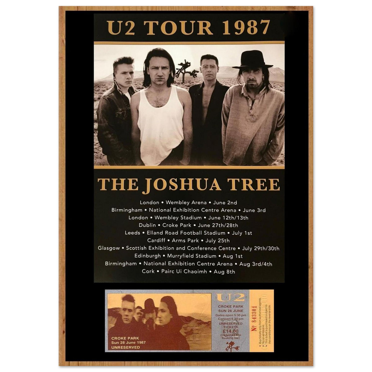U2 Vintage Concert Poster - Joshua Tree Tour 1987 with Ticket Design ...